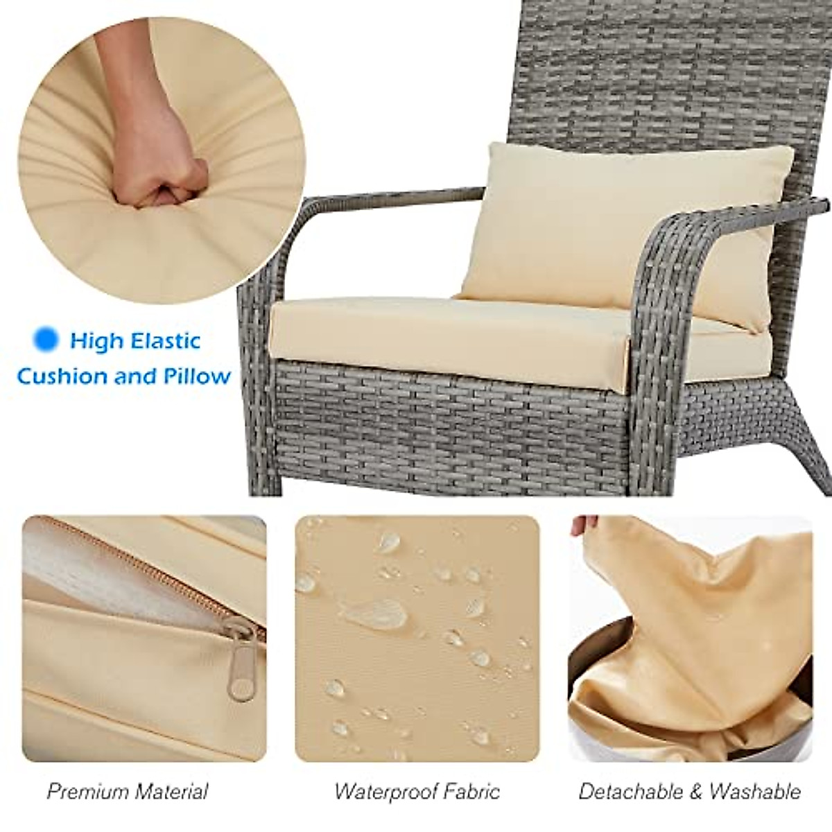 AECOJOY 2 Pieces Patio Adirondack Wicker Chair,PE Rattan Wicker Patio Dining Chair Set of 2, Grey Wicker Beige Cushion and Pillow for Garden, Backyard, Porch