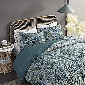 Madison Park Belcourt Sateen Cotton Comforter Set, Breathable, Soft Cover, Trendy, All Season Down Alternative Cozy Bedding with Matching Shams, King/ Cal King, Blue 3 Piece