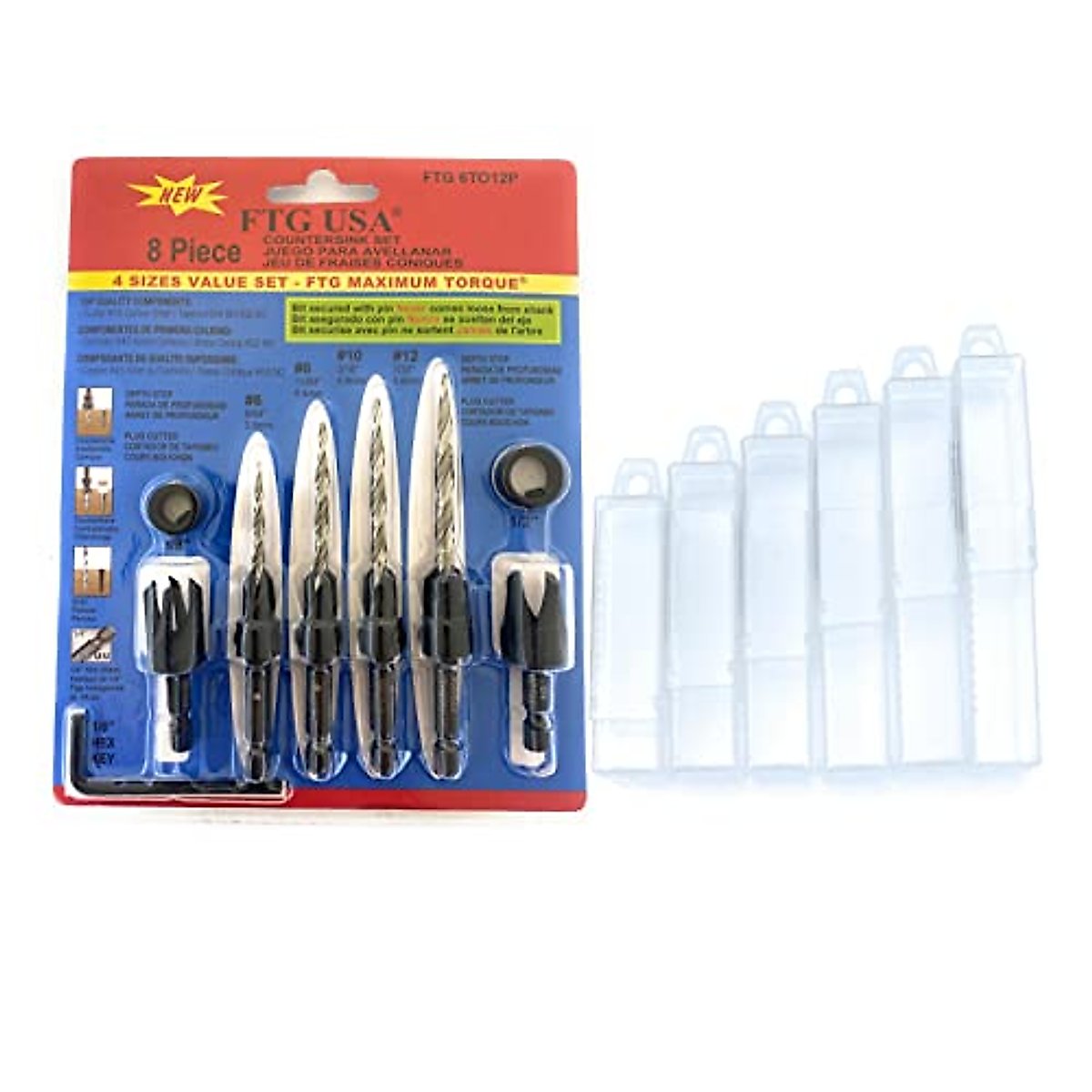 FTG USA Wood Countersink Drill Bit Set Sizes 6 8 10 12 Countersink Tapered Drill Bits, 2 Wood Plug Cutter for Sizes 3/8" and 1/2", 2 Stop Collars, 1 Allen Wrench, and 6 Storarage Containers