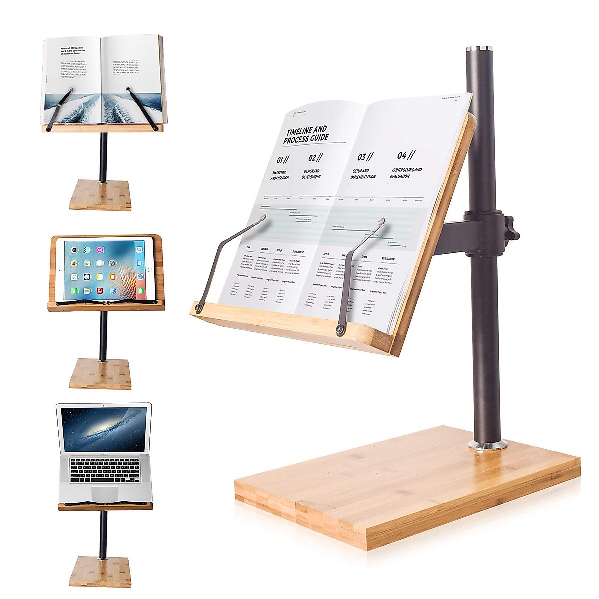 wishacc Book Stand Height Adjustable - Upright Bamboo Book Stand & Holder for Reading Hands Free, Desktop Adjustable Reading Height and Angle Book Rest with Page Clips (11.0 x 8.1 inches)