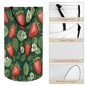 Laundry Basket Hamper Waterproof Dirty Clothes Hamper Fresh Strawberries And Leaves Collapsible Washing Bin Clothes Bag with Handles Freestanding Laundry Hamper for Bathroom Bedroom Dorm Travel