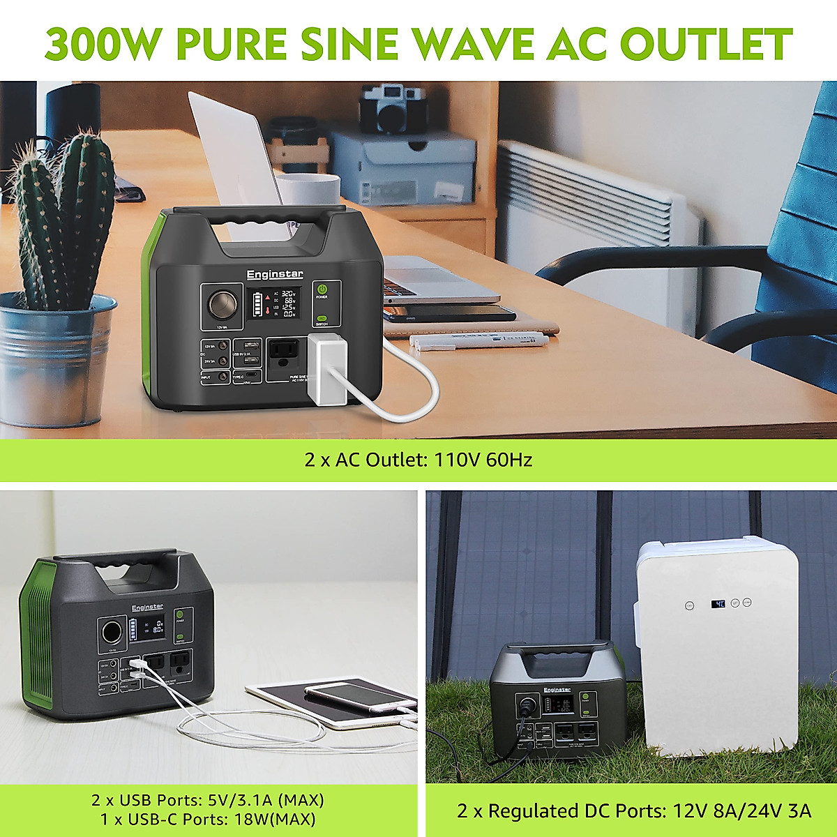 EnginStar Solar Generator 300W Green, 100W Solar Panel, 80,000mAh Portable Power Bank with AC Outlet for Outdoors Camping Emergency Use