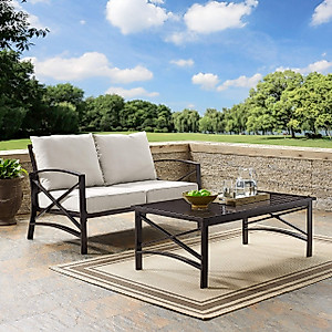 Crosley Furniture Kaplan 2-Piece Outdoor Coffee Table and Loveseat Patio Furniture Set for Porch, Deck, Oiled Bronze with Oatmeal Cushions