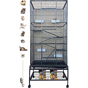 Extra Large Wrought Iron 5-Tiers Chew-Proof Ferret Squirrel Chinchilla Sugar Glider Critter Animal Home Metal Cage Easy Clean Pull Out Tray with Removable Rolling Stand