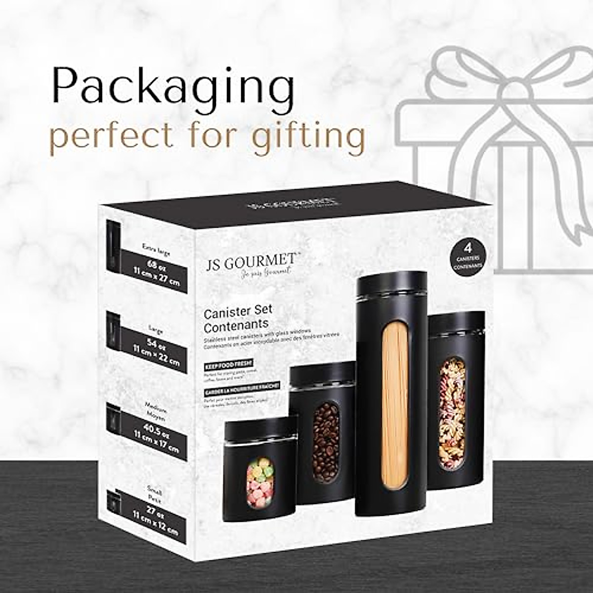 JS Gourmet 4 Pcs Stainless Steel Canisters Set for Kitchen with Glass Window and Airtight Lid, Perfect for Storing Coffee, Spaghetti, Sugar, Beans and Dry Ingredients (Black)