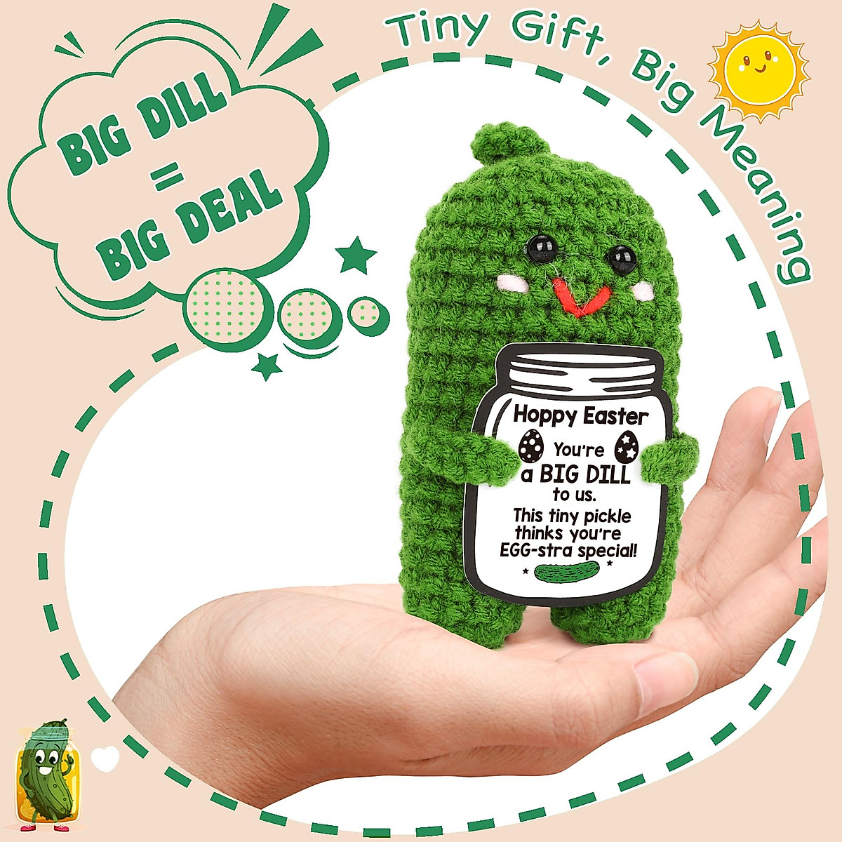 Hoppy Easter Pickle Plush - You're a Big Dill! Funny Crochet Pickle Doll, Handmade Easter Basket Stuffers for Teens, Unique Easter Eggs Fillers, Cute Easter Gifts Toys 5 Inch