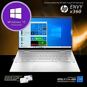 HP Envy 15T x360 Laptop i7-1165G7 11th Gen, 16 GB RAM, 1 TB SSD, 15.6" FHD Touch, Nvidia MX450 2GB, Tilt Pen, B&O Speakers, USB C, HDMI, Win 11 Pro, Silver, 64 GB Tech Warehouse Flash Drive