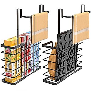 KEGII 2 Pack Cabinet Door Organizer, Kitchen Cutting Board Organizer with Towel Bar, Over Cabinet Door Organizer for Foil, Plastic Wrap, Baking Sheet Storage, Black