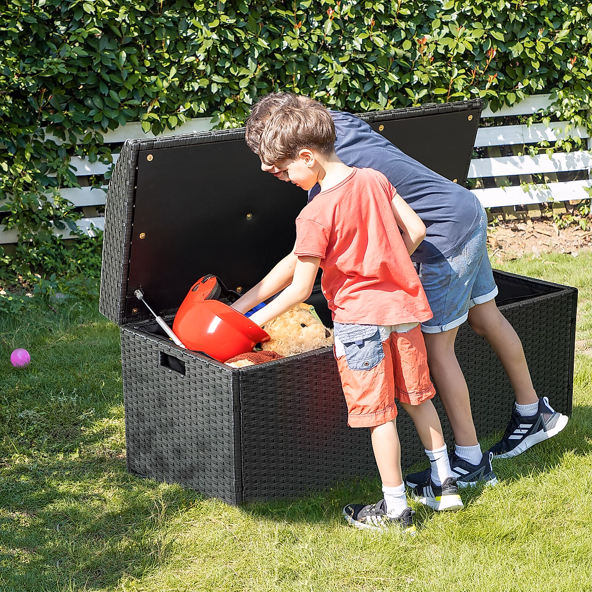 Devoko 70 Gallon Rattan Wicker Large Storage Bench Deck Box Outdoor Indoor Waterproof Storage Box with Wood Bench Surface for Patio Furniture Cushions, Toys, Garden and Pool Tools