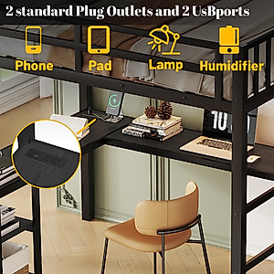 Full Size Loft Bed with Stairs and Desk, Metal Gaming Loft Bed with RGB LED Light, Heavy-duty Steel Loft Bed Frame with Storage Wardrobe, Shelves and Charging Station for Adults Kids Teens, Black