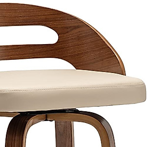 Bar Stools Set of 2, Swivel Bar Height Stools with Walnut Bentwood, Low Back, Upholstered Faux Leather, Soft Cushion Seat, Mid Century Bar Stools for Kitchen/Island/Counter (Beige, 25" Seat Height)