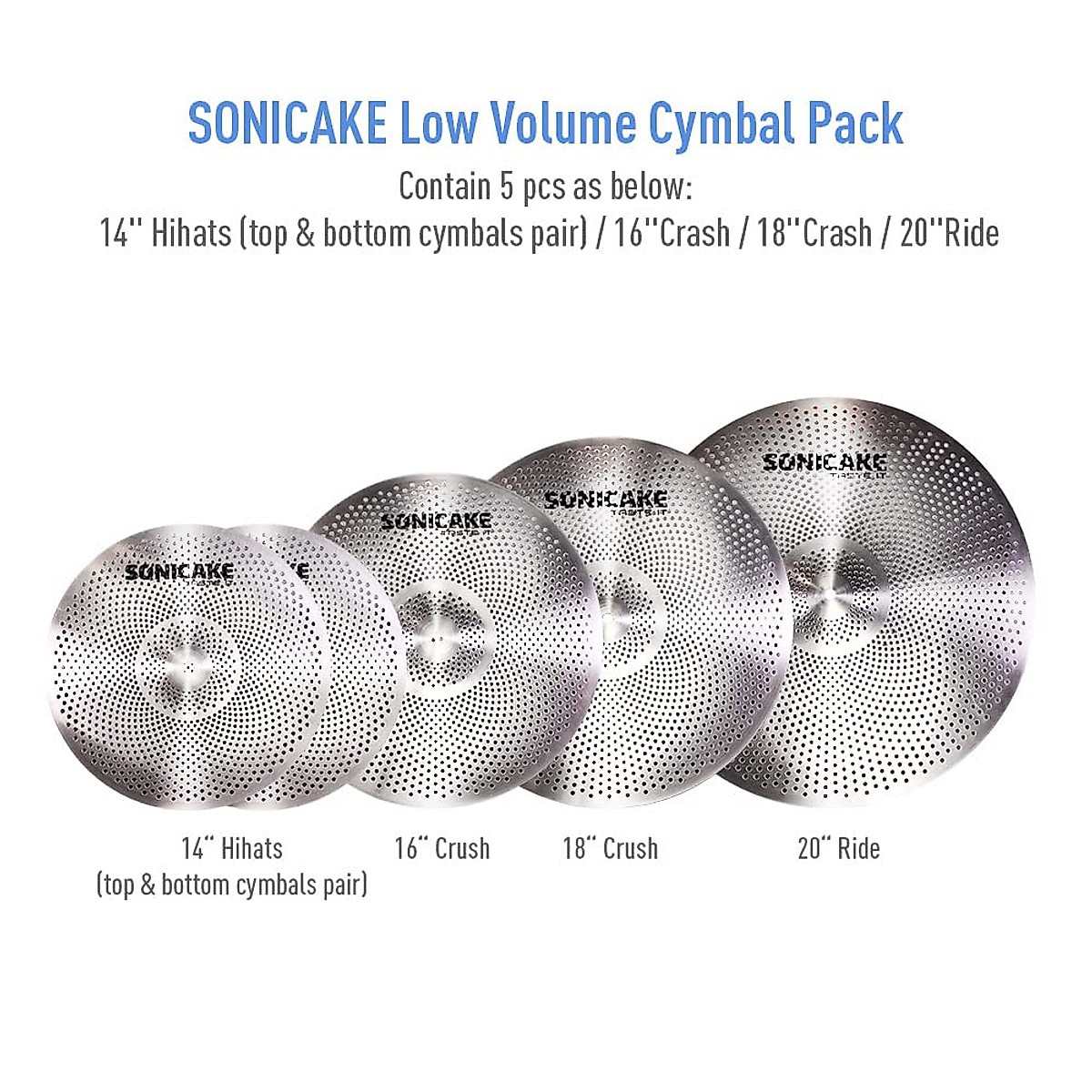 SONICAKE Low Volume Cymbal Pack Quiet Cymbal Set 14"Hi-hats+16"Crash+18"Crash+20"Ride 5 Pcs Mute Drum Cymbal Set Quiet Practice Cymbal, Sliver
