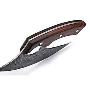 Super Knife Handmade Damascus Steel Ulu Knife - Fixed Blade knife for Chopping Boning Slicing Cutting ,Solid Rose Wood Handle with Leather Sheath, Wood,Steel