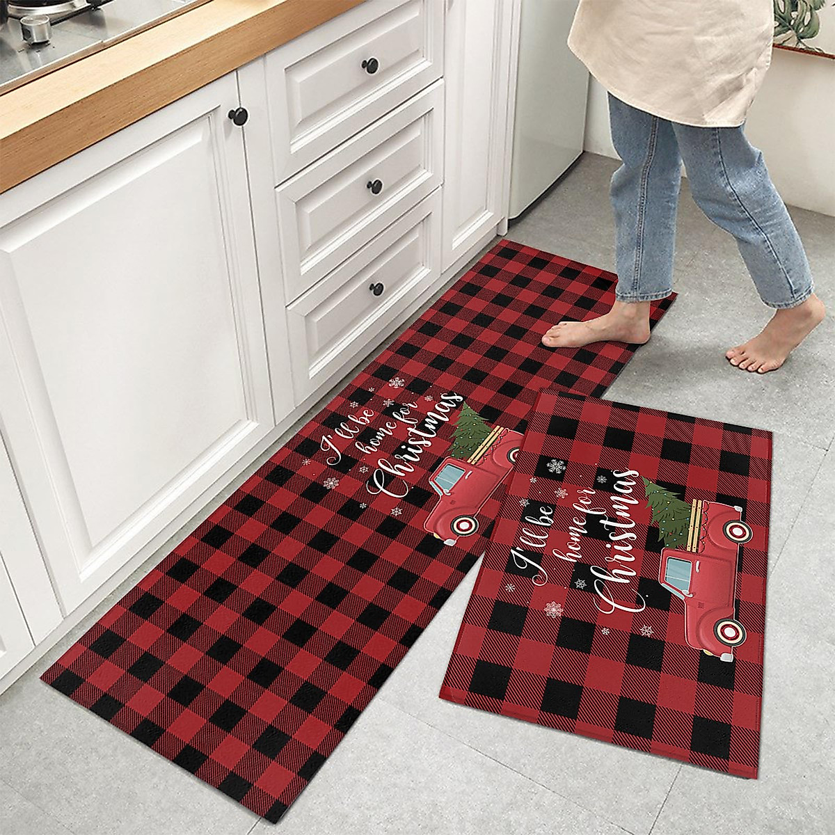 LooPoP Kitchen Rugs and Mats Sets of 2 Christmas Non-Slip Rubber Backing Area Rugs Washable Runner Carpets for Floor, Kitchen Truck Tree Snowflake Red Blank Lattice 15.7x23.6+15.7x47.2inch