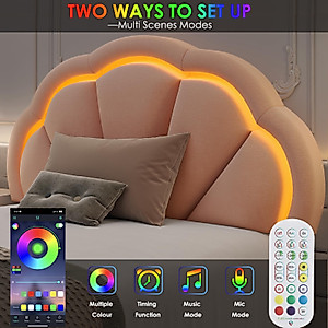 HIFIT Twin Upholstered Smart LED Bed Frame with Adjustable Chic Petal Headboard, Princess Twin Size Platform Bed Frames for Kids/Girls, Wooden Slats Support, No Box Spring Needed, Easy Assembly, Pink