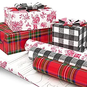 Hallmark Holiday Wrapping Paper with Cutlines and Optional DIY Bow Templates on Reverse (3 Rolls: 120 Sq. Ft. Ttl) Red Toile, Black and White Buffalo Check, Christmas Plaid