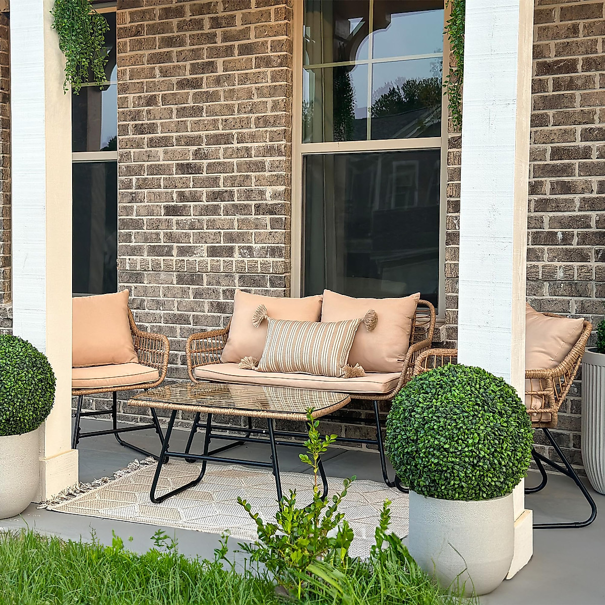 YITAHOME Patio Furniture Wicker Outdoor Bistro Set, 4-Piece All Weather Patio Furniture Rattan Conversation Loveseat Sets for Backyard, Balcony and Deck, Light Brown+Beige