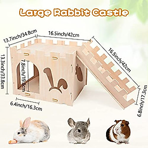 YUEPET Extra Large Wooden Rabbit Castle Bunny Play House Detachable Small Animal Hideout Handmade Hut for Indoor Adult Rabbit Guinea Pig Chinchilla Habitat