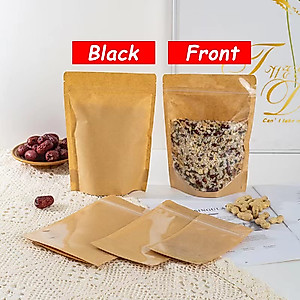 100 PCS Stand Up Pouches, 4 x 6 inch Kraft Paper Food Bags with Clear Window, Reusable Ziplock Food Storage Bags Resealable Pouches for Foods, Coffee Beans, Snacks