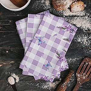 Dish Cloths Kitchen Towels, Lavender Flower Butterfly Purple Plaid Buffalo Check Summer Floral Dishcloths Soft Reusable Cleaning Cloths Absorbent Dish Towels for Household Cleaning, 3 Pack, 18"x28"