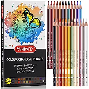 PANDAFLY Professional Colored Charcoal Pencils Drawing Set, Skin Tone Colored Pencils, Pastel Chalk Pencils for Sketching, Shading, Coloring, Layering & Blending, 24 Colors