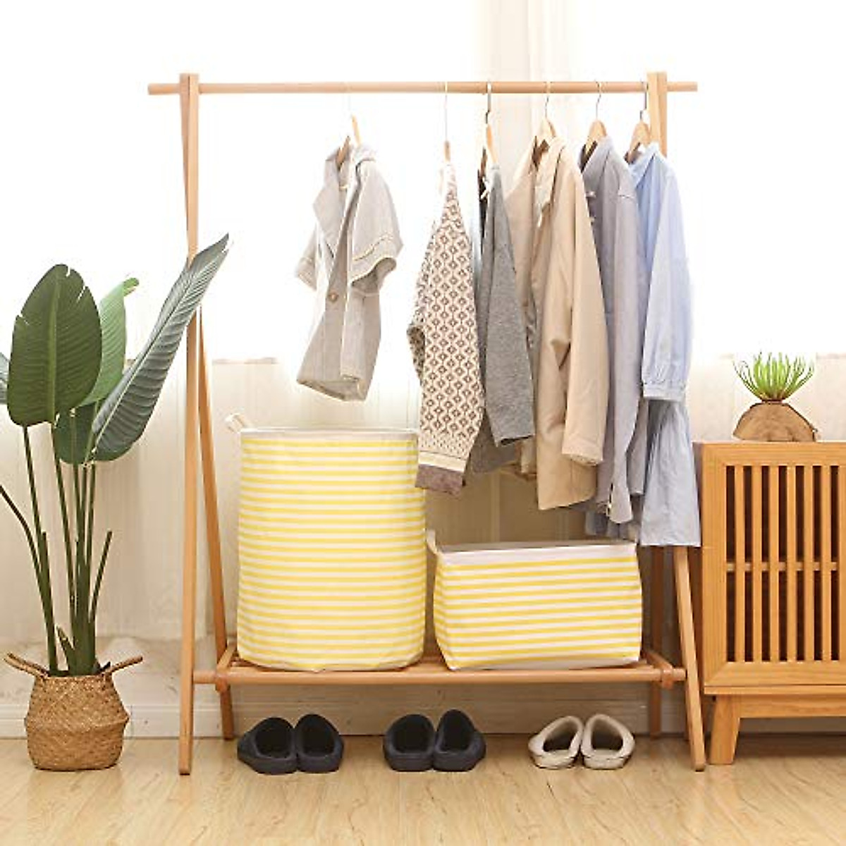 Sea Team Collapsible Canvas Fabric Storage Basket with Handles, Rectangle Waterproof Storage Bin, Box, Cube, Foldable Shelf Basket, Closet Organizer, 16.5 x 11.8 x 9.8 Inches, Yellow Stripe