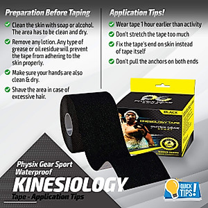 Physix Gear Kinesiology Tape Pro - Waterproof Physio Sports Tape for Pain & Injuries, Pregnancy, Muscle, Knee, Joint Support, Swelling, Strain Relief, Enhanced Blood Circulation (Black, 1 Roll)