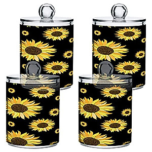 Kigai Black Sunflower Qtip Holder - 14OZ Clear Plastic Apothecary Jars Bathroom Canister Dispenser Organizer Vanity Storage Jar with Lid for Cotton Ball, Cotton Swab, Floss (2PACK)