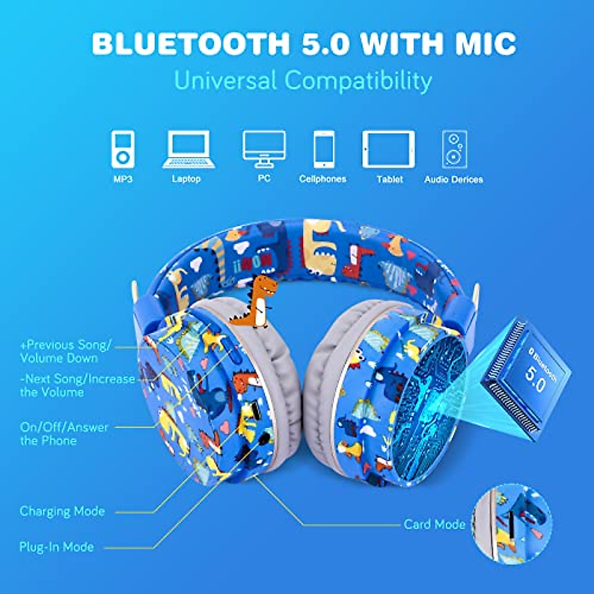 QearFun Dinosaur Headphones for Boys Kids for School, Kids Bluetooth Headphones with Microphone & 3.5mm Jack, Teens Toddlers Wireless Headphones with Adjustable Headband for Tablet/PC (Blue)