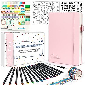 Dotted Journal Kit, Feela Dot Grid Journal Hardcover Planner Notebook Set For Beginners Women Girls Note Taking with Journaling Supplies Stencils Stickers Pens Accessories, A5, 224 Pages, Pink