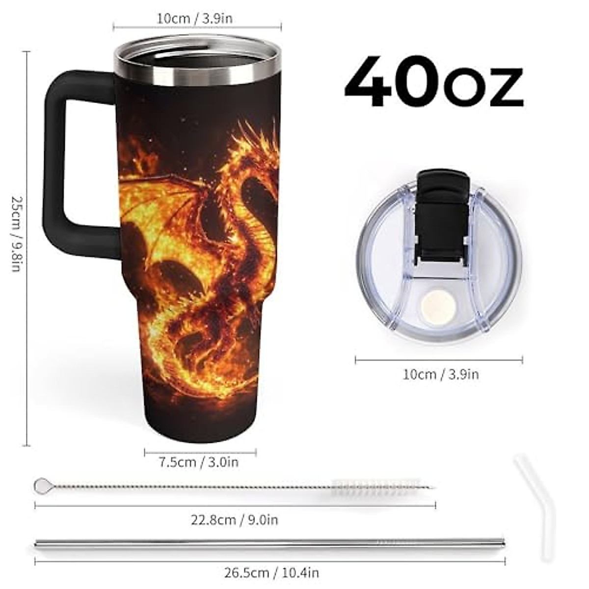 Fire And Blue Dragons Insulated Tumblers with Handle Stainless Steel Coffee Mug Funny Travel Cup with Lid Straw 40oz