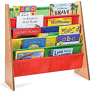 Sagler Toddler Book Shelf Organizer - Wooden Kids Book Case Storage & Magazine Rack with 5 Multicolored Nylon Fabric Shelves - Easy-to-Reach Kids Bookshelf for Nursery, Bedroom, Playroom, Classroom