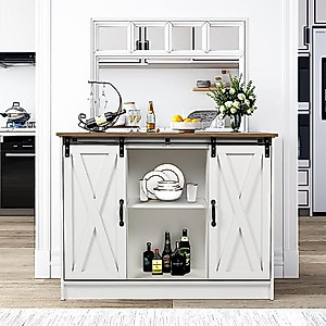 Farmhouse Coffee Bar Cabinet, 42’’ Kitchen Buffet Sideboard Cabinet with Storage, White Coffee Bar Buffet Cabinet with Sliding Barn Door, Coffee Bar Table with Adjustable Shelf for Living Dining Room