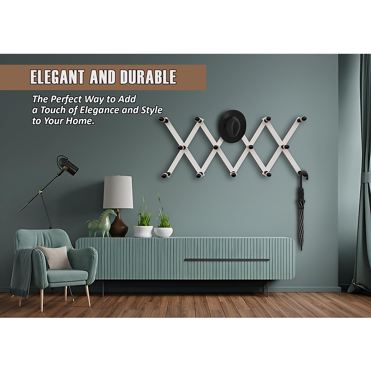 LENOX BOSS Accordion Wall Hanger, Expandable Coat Rack Wall Mounted, Wood Wall Accordion Hook Rack- Accordion Hat Rack for Coffee Mugs, Jackets, Purses, Scarfs, Non-Slip 14 peg Hooks White