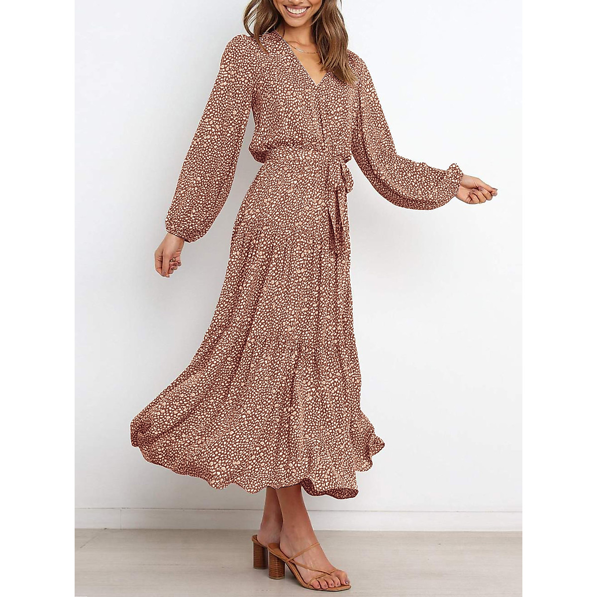 PRETTYGARDEN Women's 2024 Long Sleeve Wrap V Neck Floral Ruffle Tiered Maxi Dress Boho Chiffon Flowy Long Dresses with Belt(Khaki,Medium)