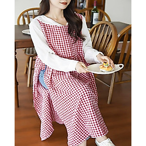 TALIBSA Plaid Apron Dress，Japanese Cotton Linen Cross Back Apron for Women with Pockets，Pinafore Dress with Waist Ties (Red Plaid)