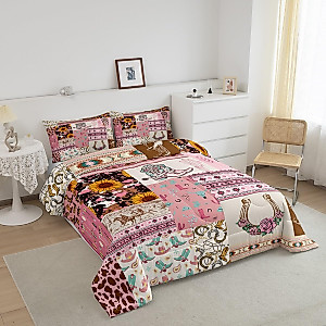 Erosebridal Western Bedding Pink Cowgirl Twin Comforter Set for Toddler Girls Cow Print Bedding Comforter Sets, Boho Cow Fur Western Style Duvet Set Farmhouse Horseshoe Pattern Quilt 2 Pieces