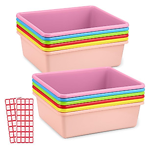 Wettarn 12 Pcs Plastic Cubby Bins 15.35 x 11.42 x 4.72 Inches Stackable Organizer Storage Cubbies Labels for Classroom School Nursery Playroom Home Office Storage Bins Cubby Bins