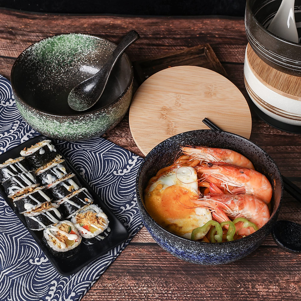 Cteaffee 38 OZ Large Ceramic Ramen Bowls Sets， Japanese ramen bowls, soup bowl, noodle bowls with Spoons and Chopsticks For Salad, Rice, Noodles, Microwave & Dishwasher Safe (Ramen bowl set)