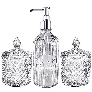 Magcolor Glass Jar Bathroom Accessories Set - Hand Soap Dispenser and Qtip Holder Set 3 pc