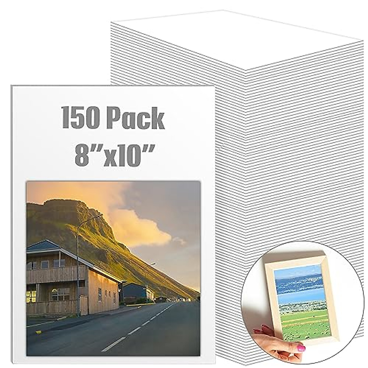 Jetec 150 Sheet Double Sided Picture Mats 8 x 10 Inch Photo Frame Mat Backing Boards Picture Mat Matte Backboards Bevel Cut 1/16", 4 Ply Thickness for Frames, Artworks, Prints, Pictures(White)