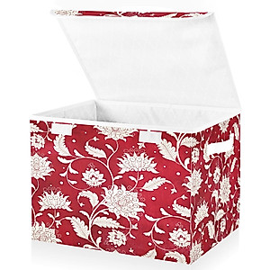 DIGTIA Chinese Traditional Flowers Storage Bins with Lids Red Background Foldable Storage Basket with Handles Collapsible Large Fabric Organizer Containers for Clothes Shelves Closet Office Home Bedro