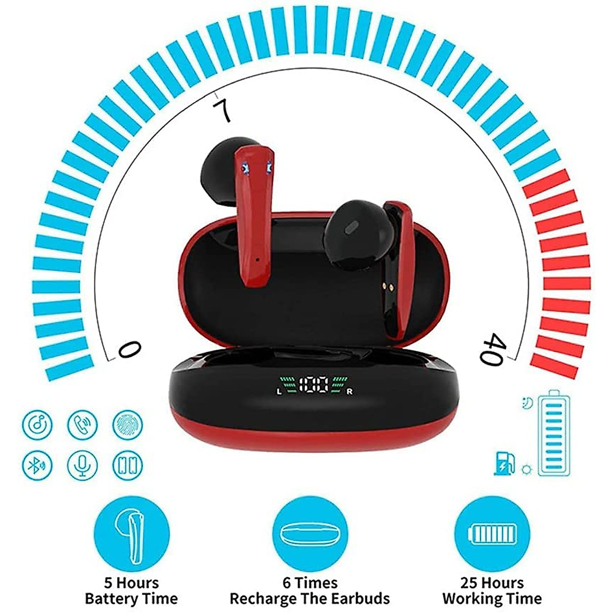 Conduction Headphone True Wireless Earbuds, 5.1 Bluetooth Earphone in-Ear Stereo Headphone Built-in Mic, LED Display for Work, Sports, Game (Color : A)