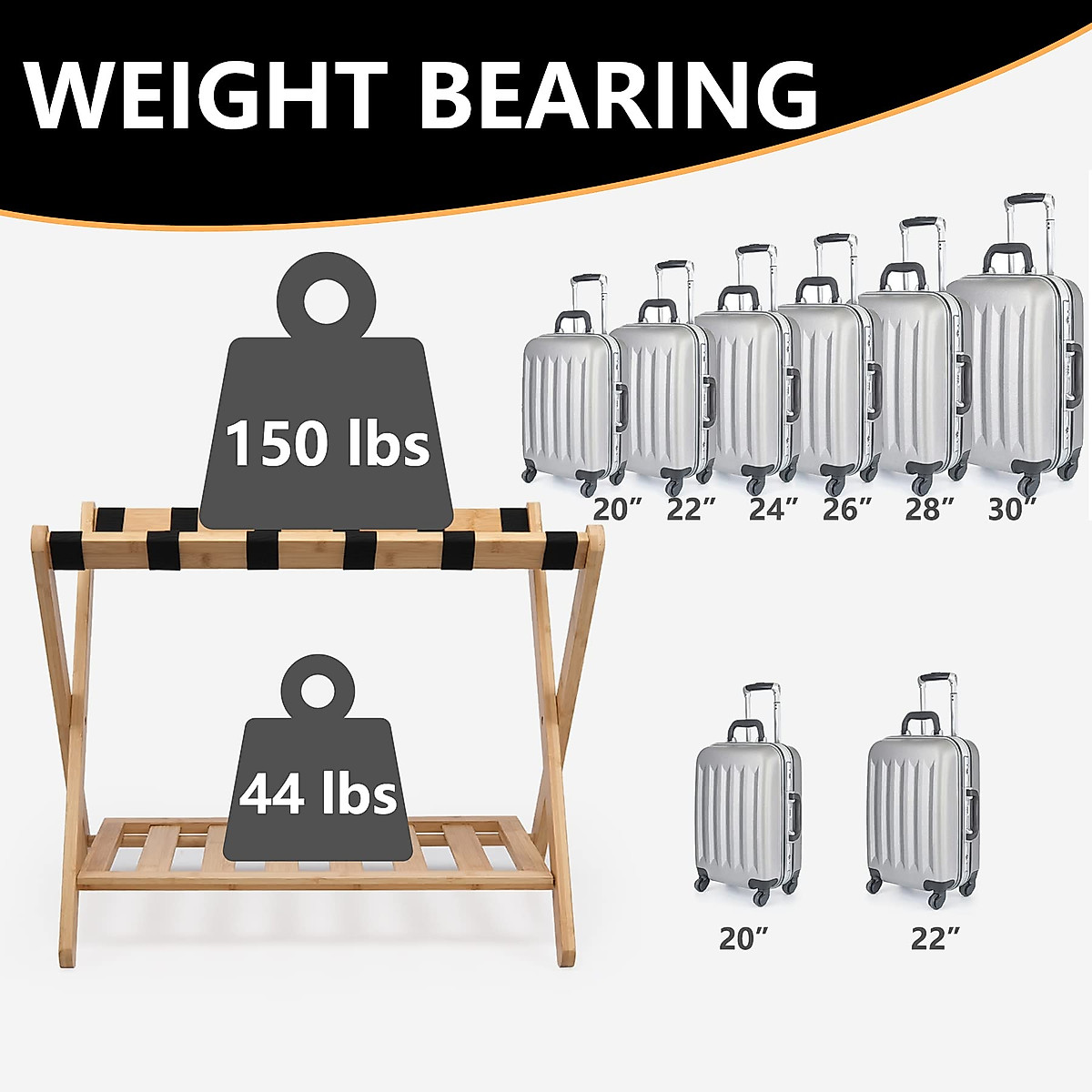 BAIDE PACK Wood Luggage Rack Stand for Guest Room, Folding Suitcase Holder Stand with 6 Support Straps for Home Bedroom Travel, Bamboo