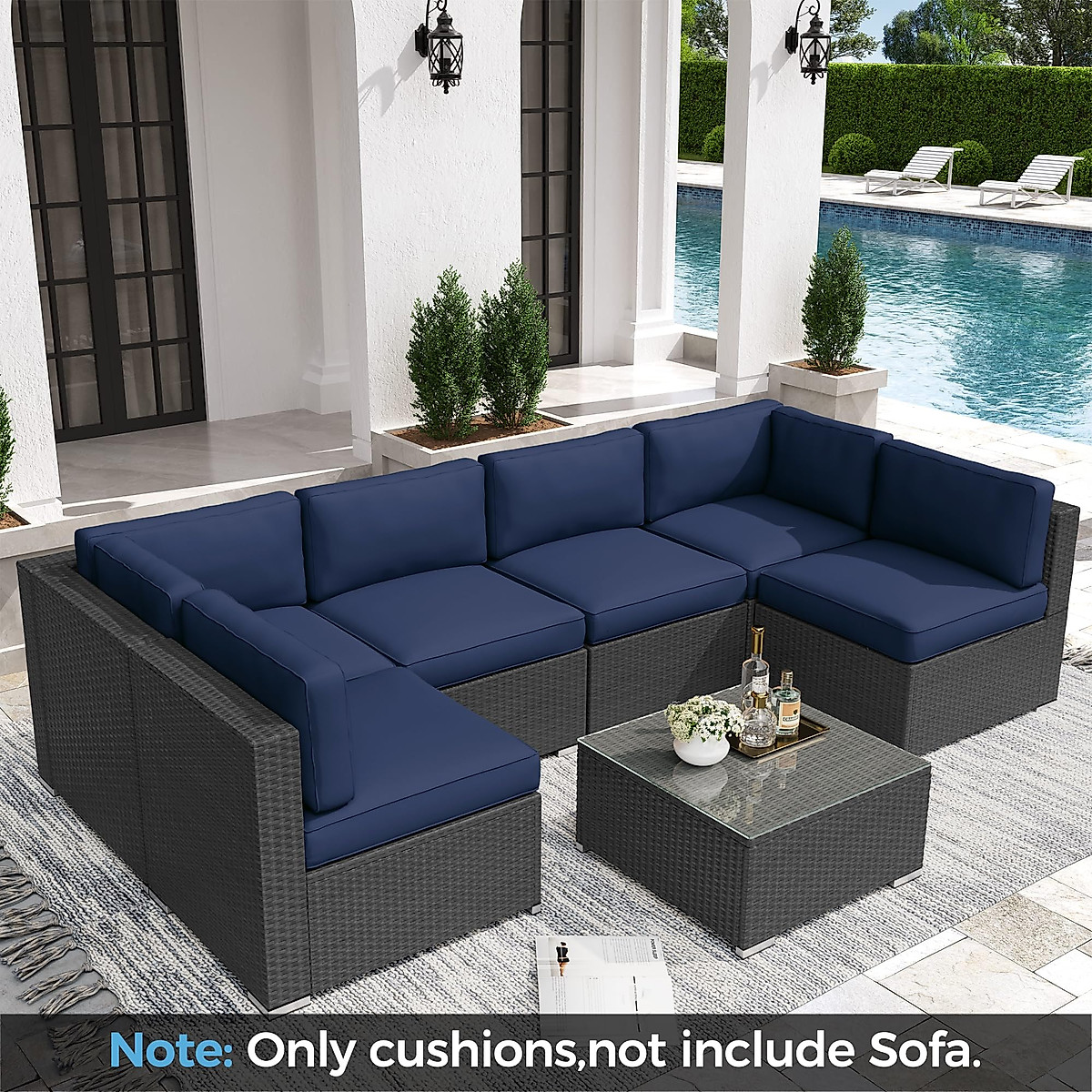 Crownland 14-Piece Outdoor Furniture Replacement Cushions, Water-Resistant Sofa Cushions for 6-Seat Rattan Wicker Sectional Patio Conversation Sets(Dark Blue)