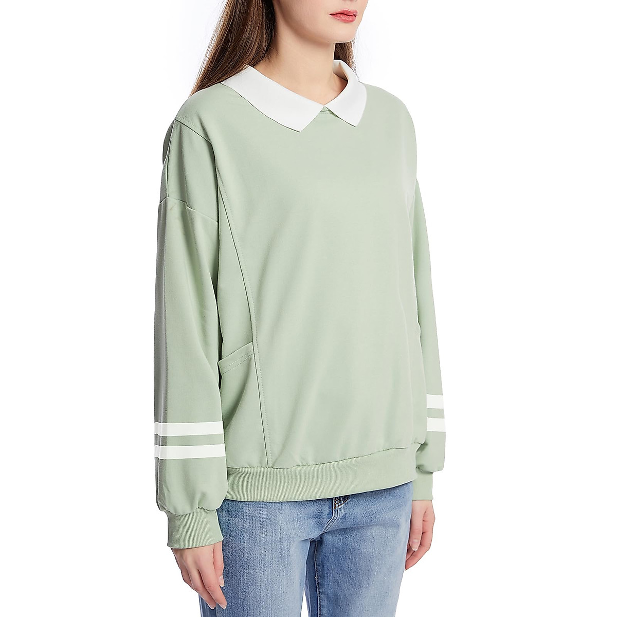 Tuislay Cute Sweatshirts for Women Kawaii Clothes Aesthetic Pullover Teens Girls Preppy Hoodies Pocket Turn-Down Collar Tops (Green,L,Large)