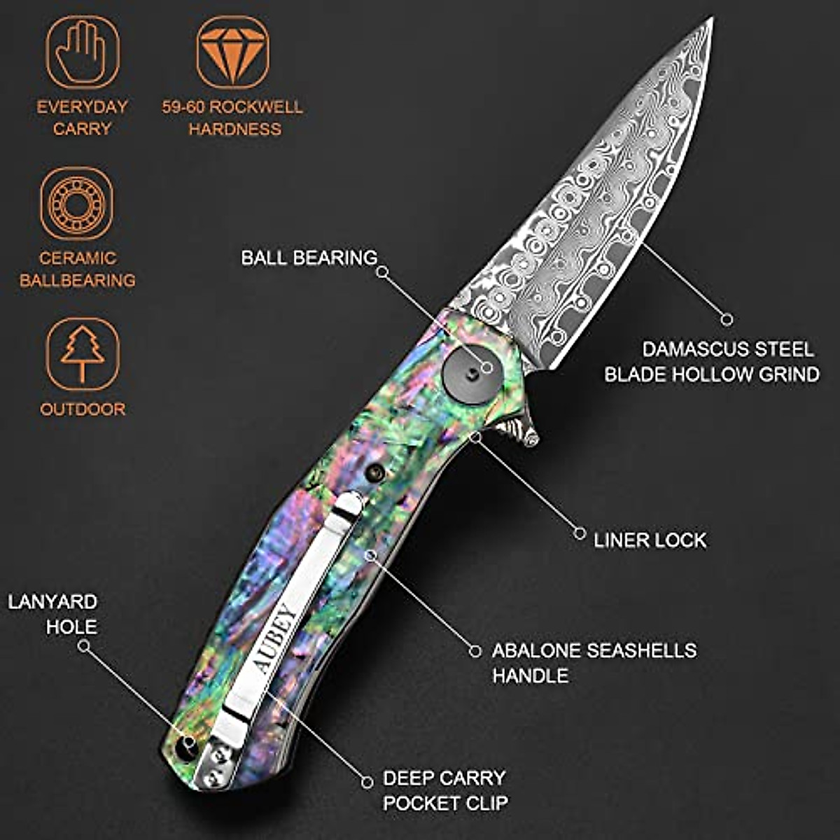 AUBEY Damascus Pocket Knife for Men Women, 3.23 inch Blade of EDC Hunting Knives with Abalone Shell Handle, Ball Bearing, Liner Lock - Sharp Damascus Steel Knife with Clip, Gift for Camping