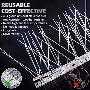 LANNEY Bird Spikes, 10 Strips Stainless Steel Bird Deterrent Pigeon Spikes for Outside to Keep Birds Away, Anti Bird Repellent Spikes Control Kit Cover 10.8 Feet, Unassembled