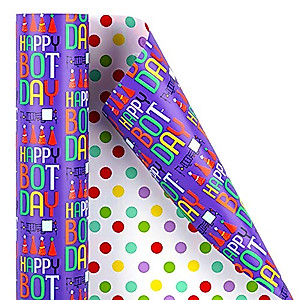WRAPAHOLIC Reversible Wrapping Paper - 24 inch X 65.6 feet Jumbo Roll Colorful Happy Bot Day Lettering Design, Perfect for Birthday, Party, Holiday, Baby Shower Packing
