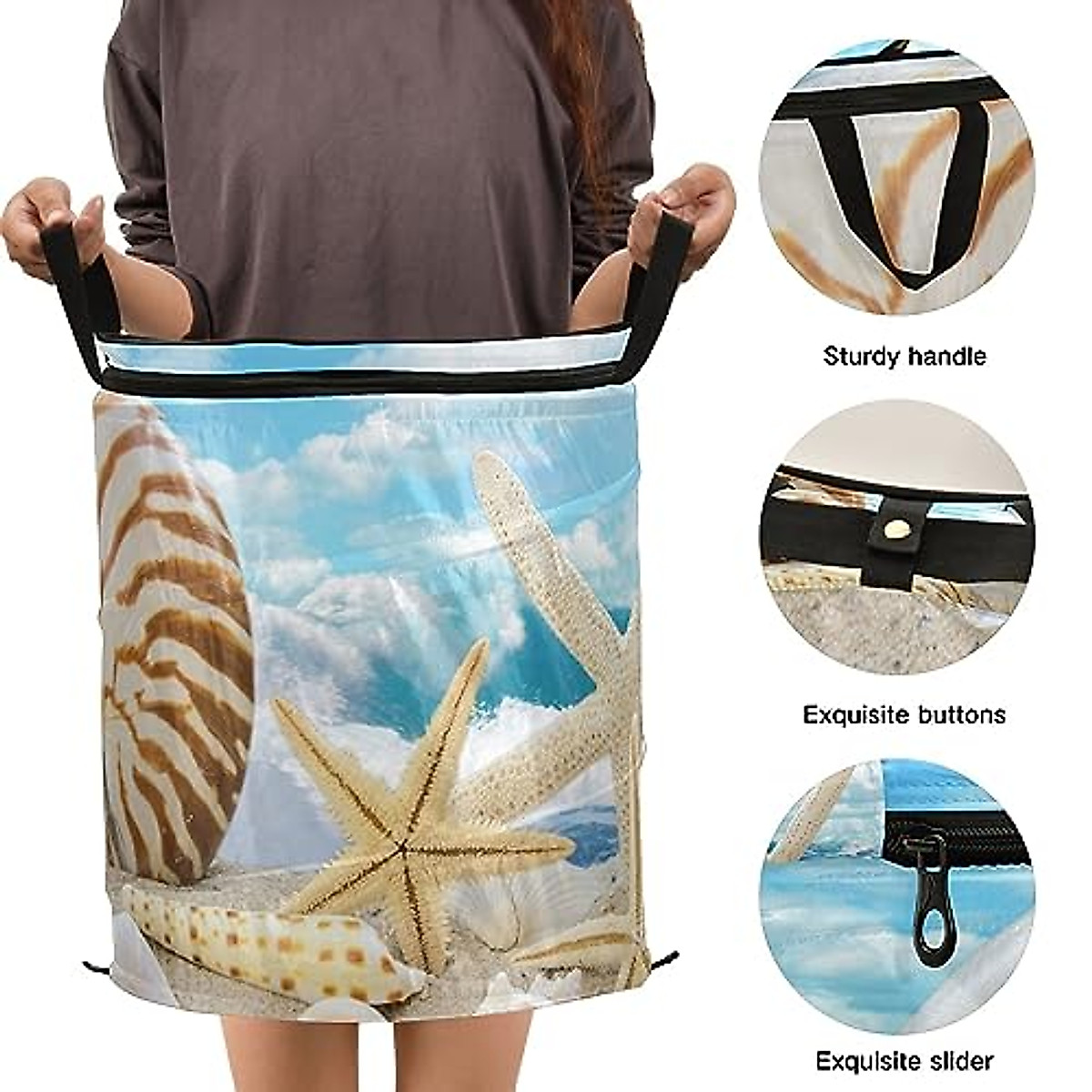 pnyoin 50L Large Popup Laundry Hamper Round with Zipper Lid Reinforced Handles Portable Collapsible Basket for Kids Room College Dorm Travel, Sunny Sky with Starfish